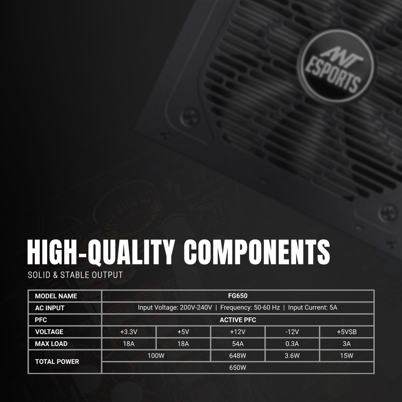 Ant Esports FG650 Force 650W 80+Gold Black Power Supply - ANT E-SPORTS