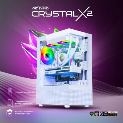 Ant Esports Crystal X2 Mid Tower ATX, Micro-ATX, Mini-ITX White Cabinet ...