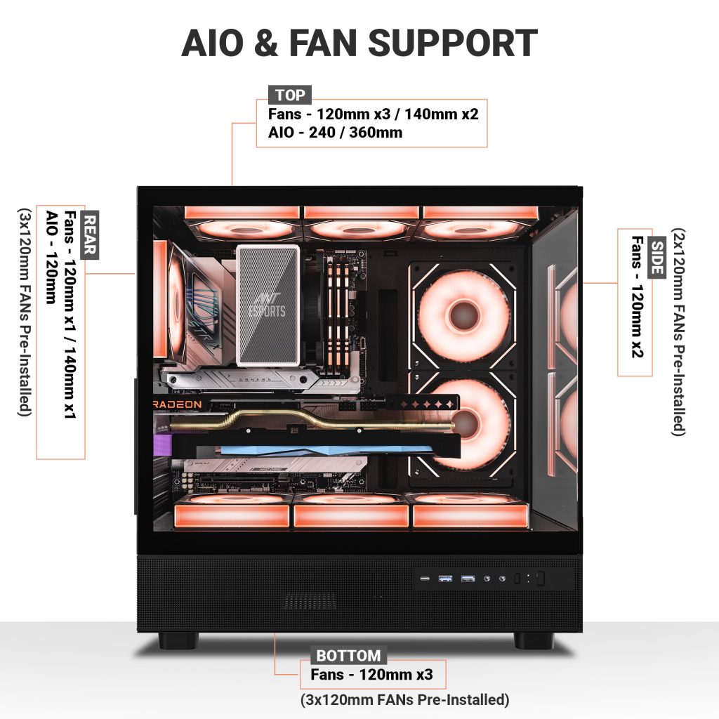 Ant Esports Crystal X6 Mid-Tower ATX, Micro-ATX, Mini-ITX Black Cabinet ...