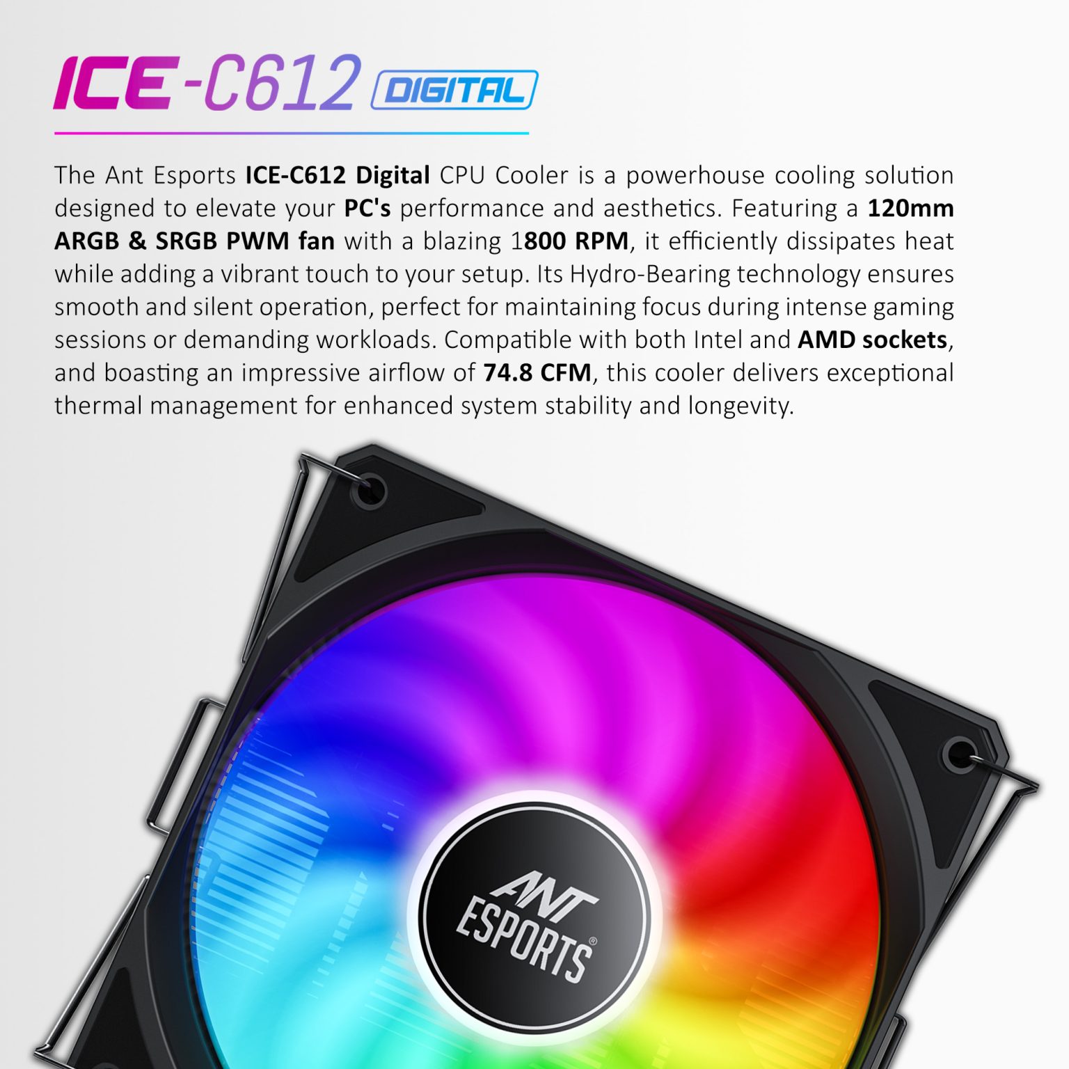 Ant Esports ICE-C612 Digital Single Tower 120mm ARGB AM5/LGA1851 Black ...