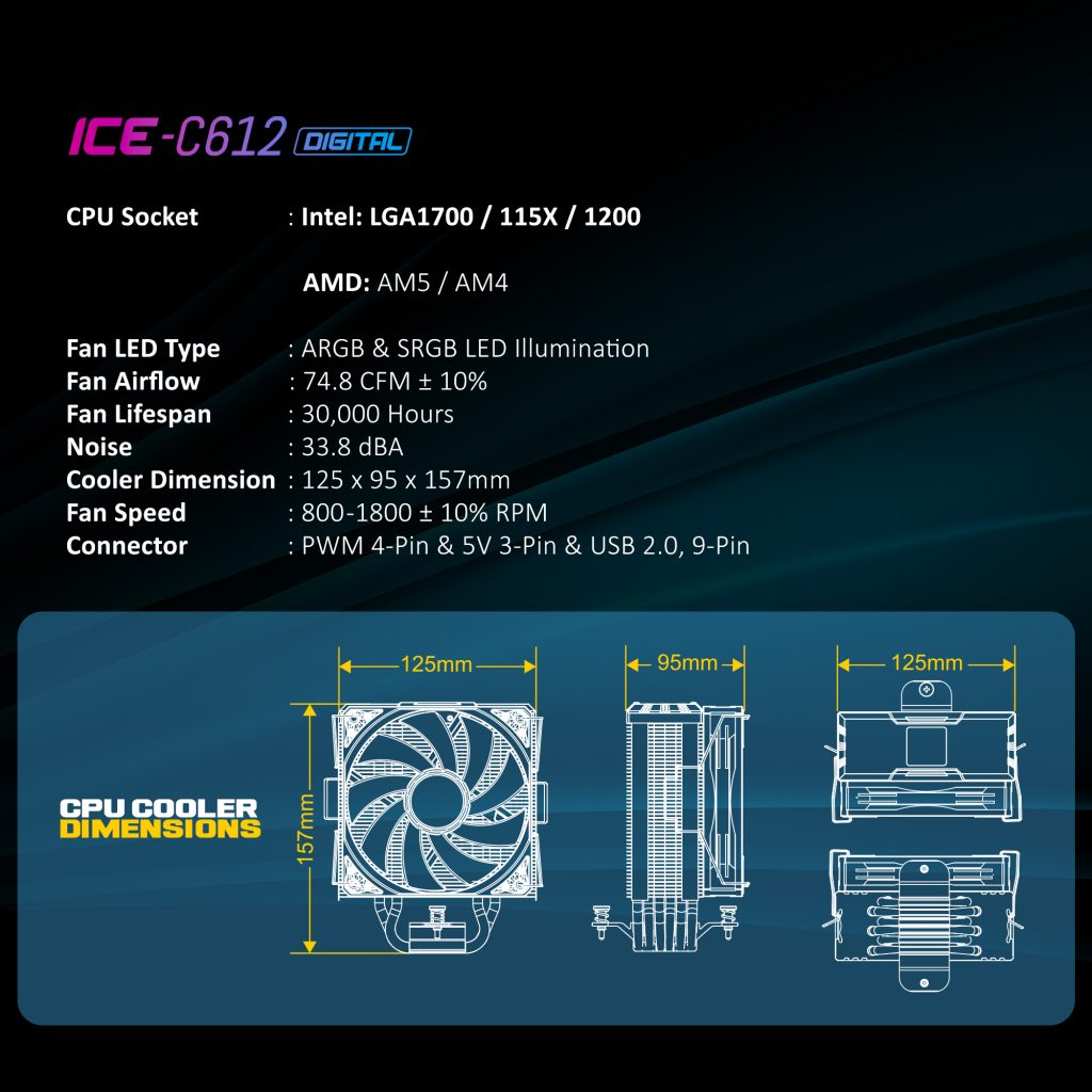 Ant Esports ICE-C612 Digital Single Tower 120mm ARGB AM5/LGA1851 Black ...