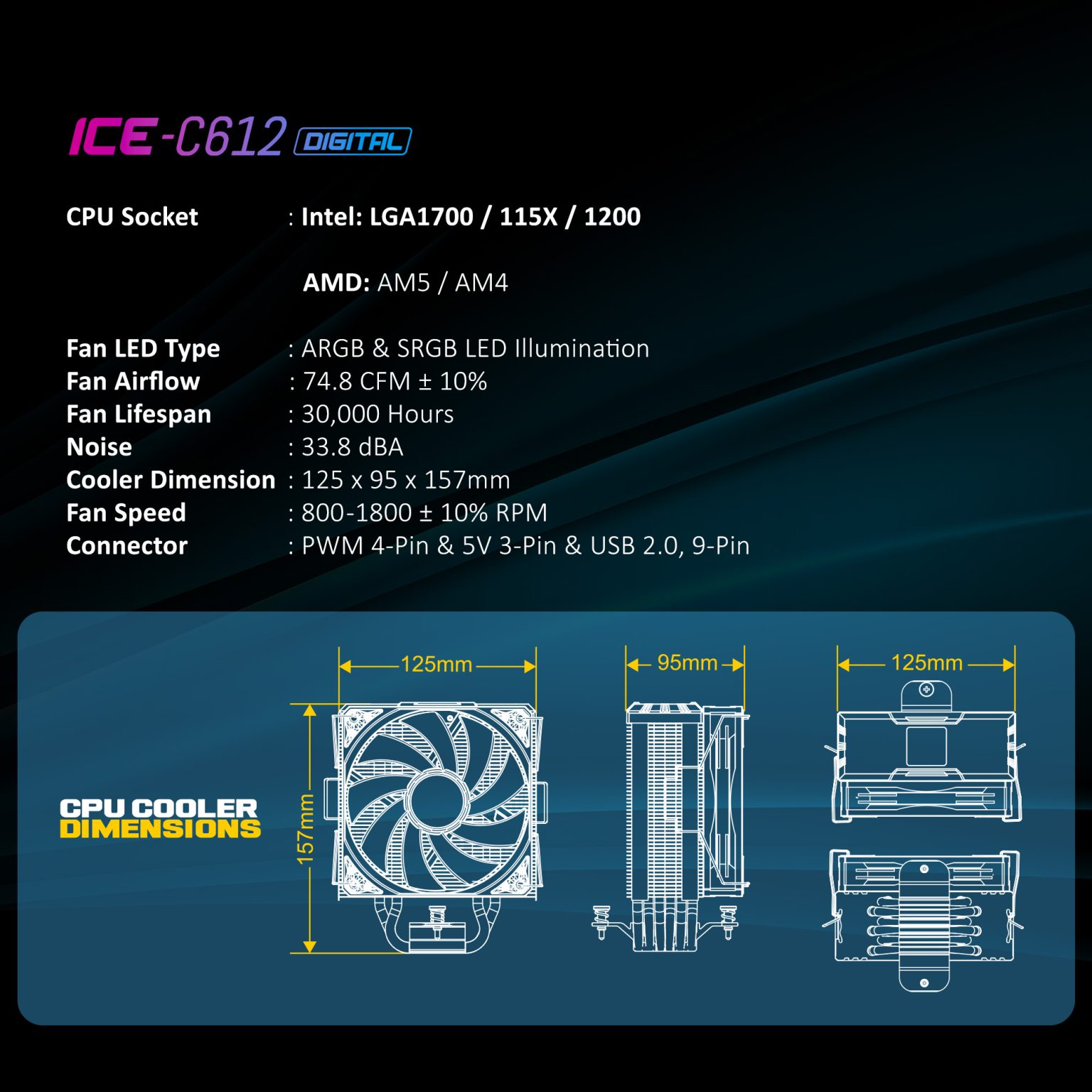 Ant Esports ICE-C612 Digital Single Tower 120mm ARGB AM5/LGA1851 Black ...