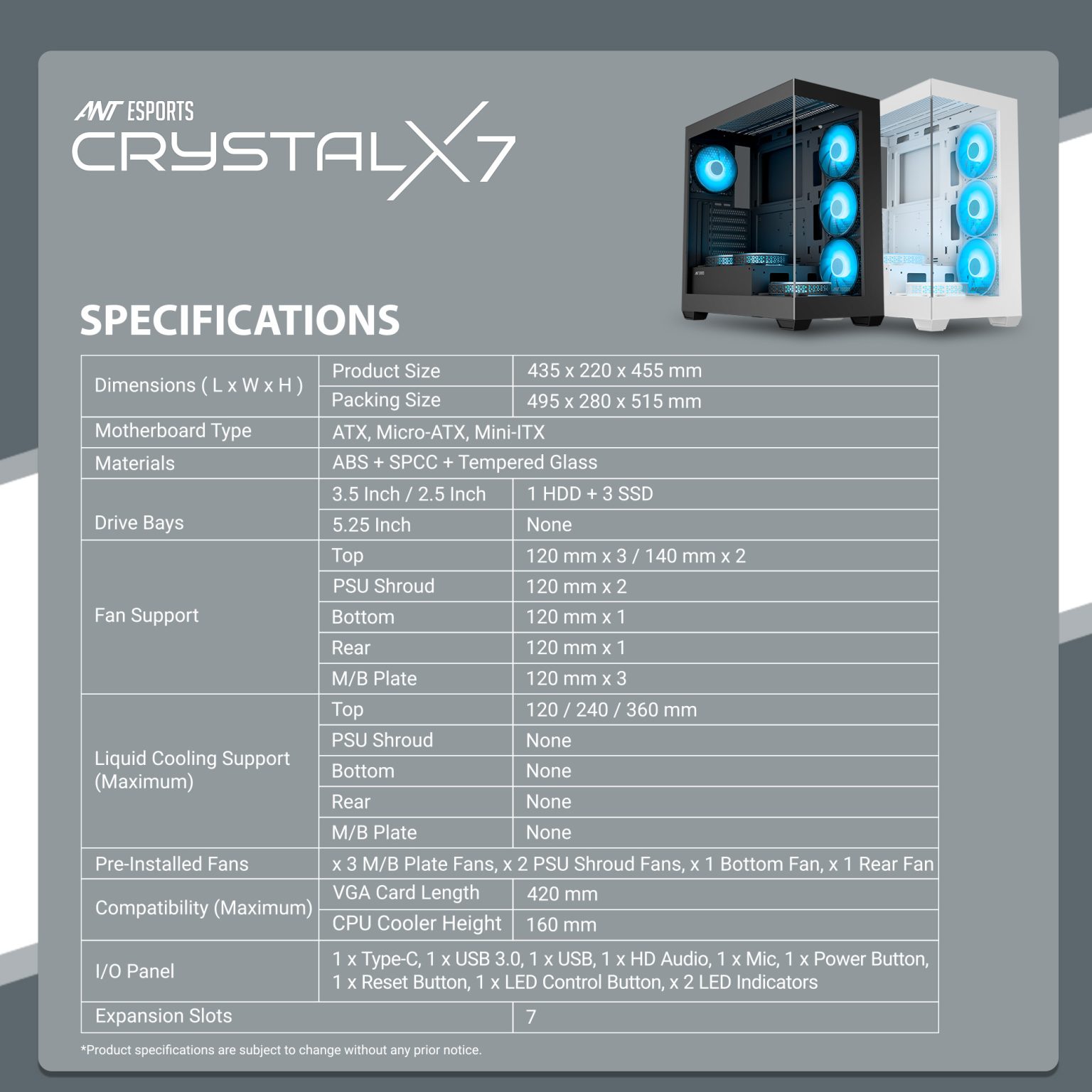 Ant Esports Crystal X7 Mid Tower ATX, Micro-ATX, Mini-ITX White Cabinet ...