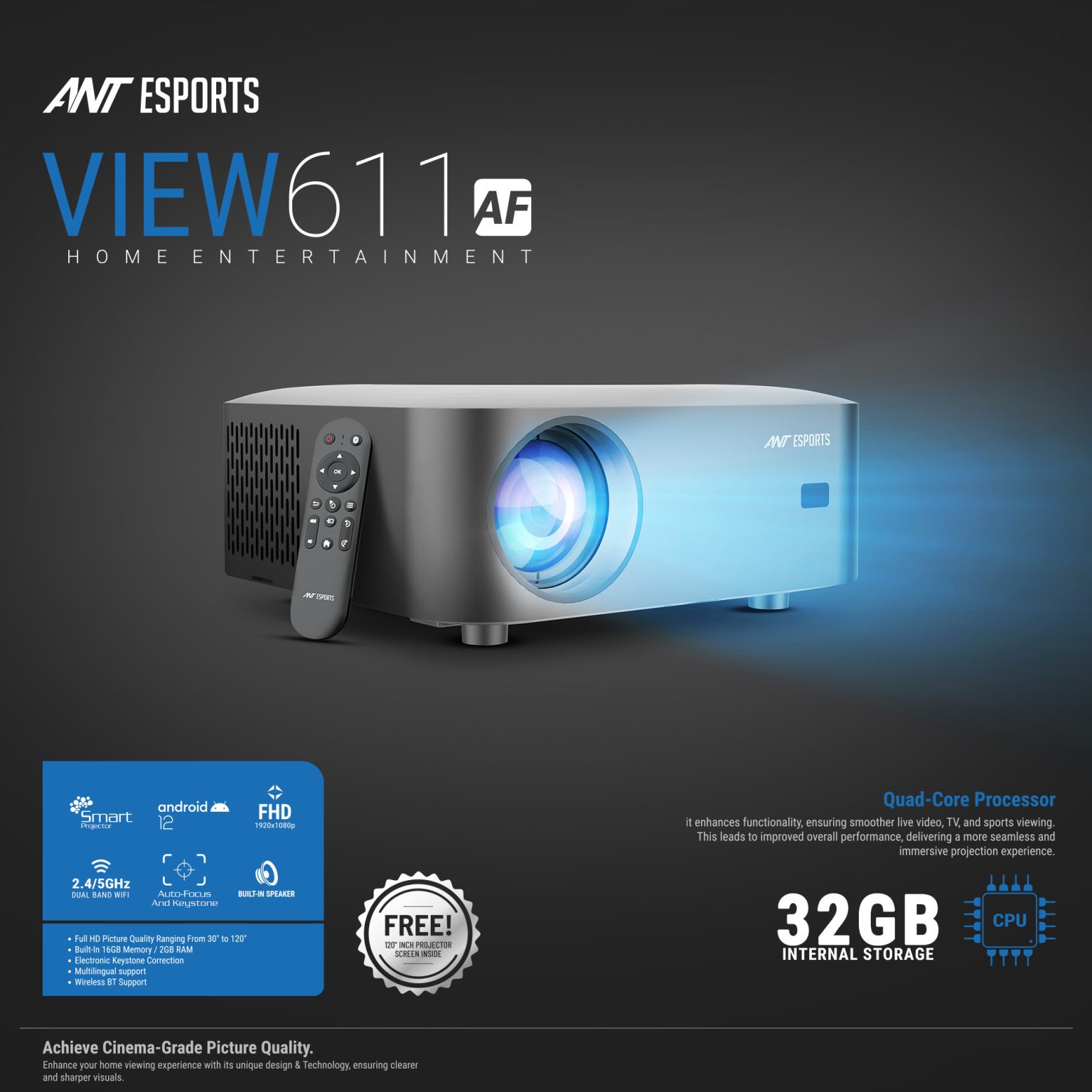 Ant Esports View 611 AF 4000 Lumens FHD (1080) Auto-Focus Projector ...