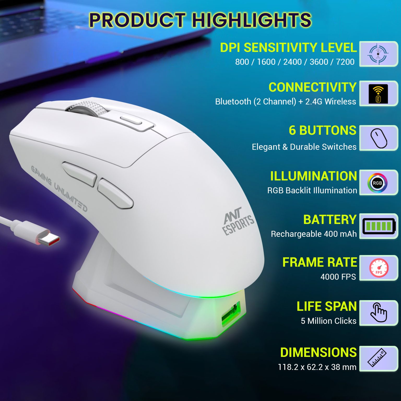 Ant Esports GM810 Pro 7200DPI RGB Wireless Gaming Mouse White - ANT E ...