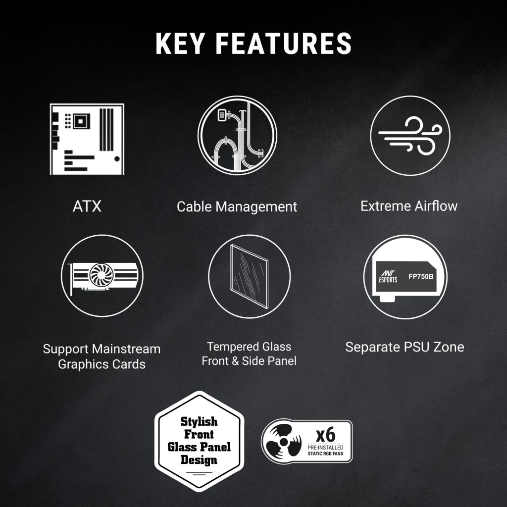 Ant Esports ICE 270G 6F Mid Tower (ATX/m-ATX/m-ITX) Black Cabinet with ...