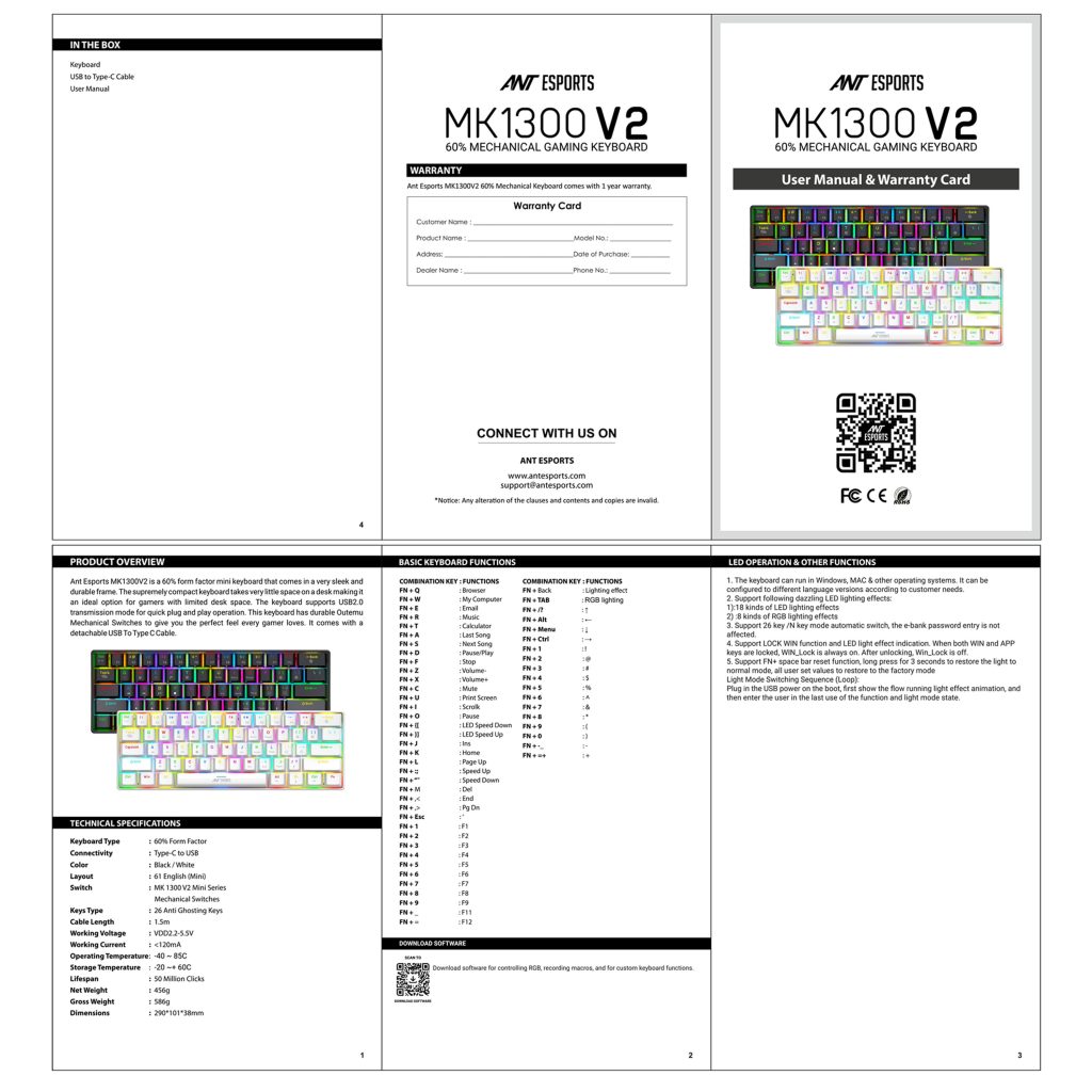 Ant Esports MK1300 V2 Mechnical Wired Gaming keyboard White Hot-Swappable Per-Key RGB Red Outemu ...