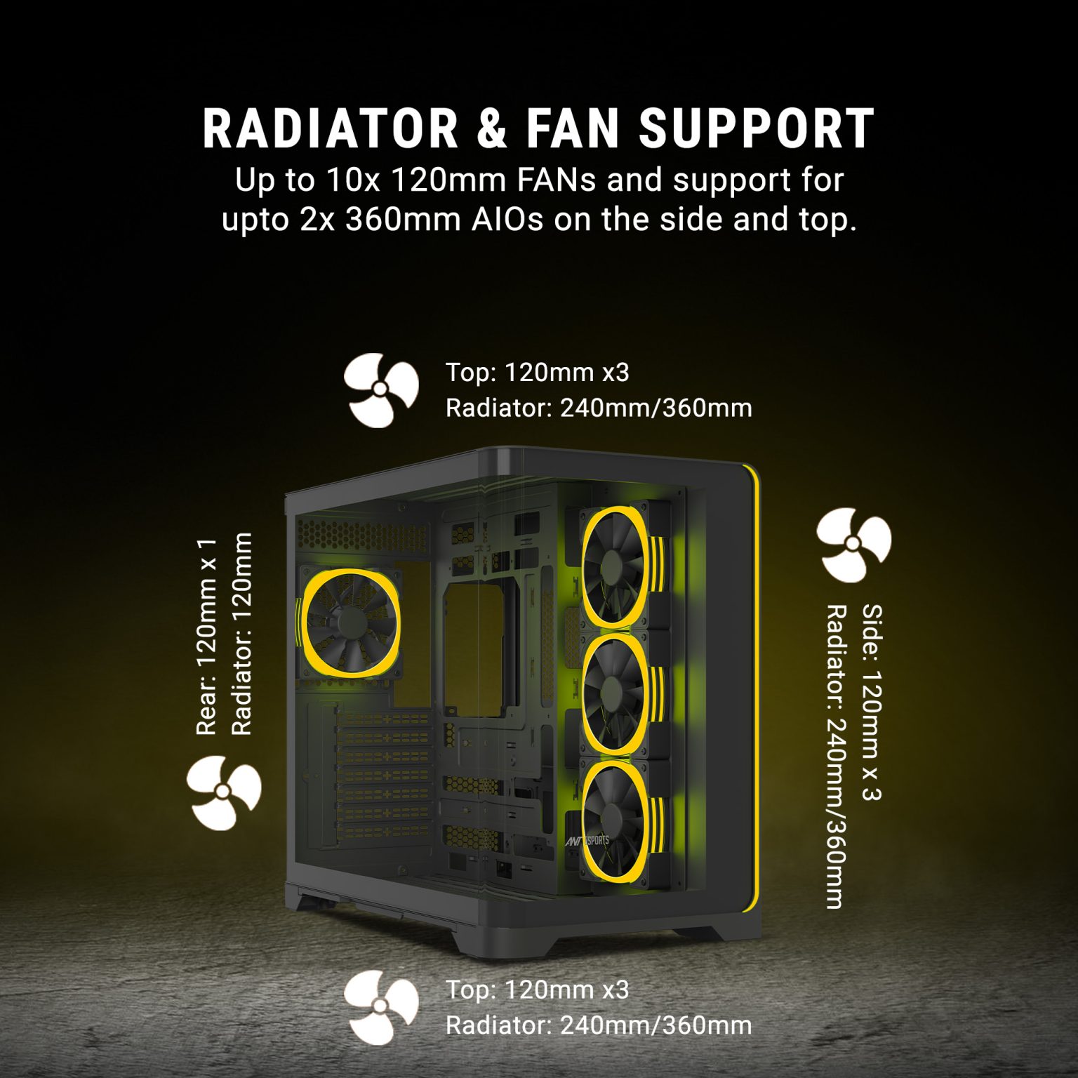 Ant Esports Crystal ARC Mid Tower (ATX/m-ATX/m-ITX) Black Cabinet with ...