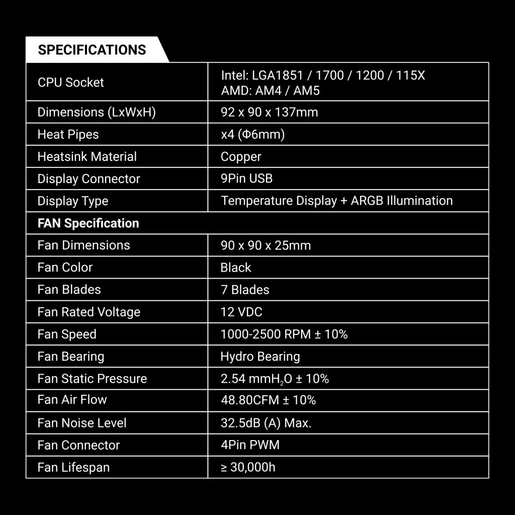 Ant Esports V4 Digital ARGB LGA1851/AM5 Black CPU Air Cooler - ANT E-SPORTS