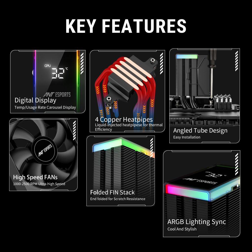 Ant Esports V4 Digital ARGB LGA1851/AM5 Black CPU Air Cooler - ANT E-SPORTS