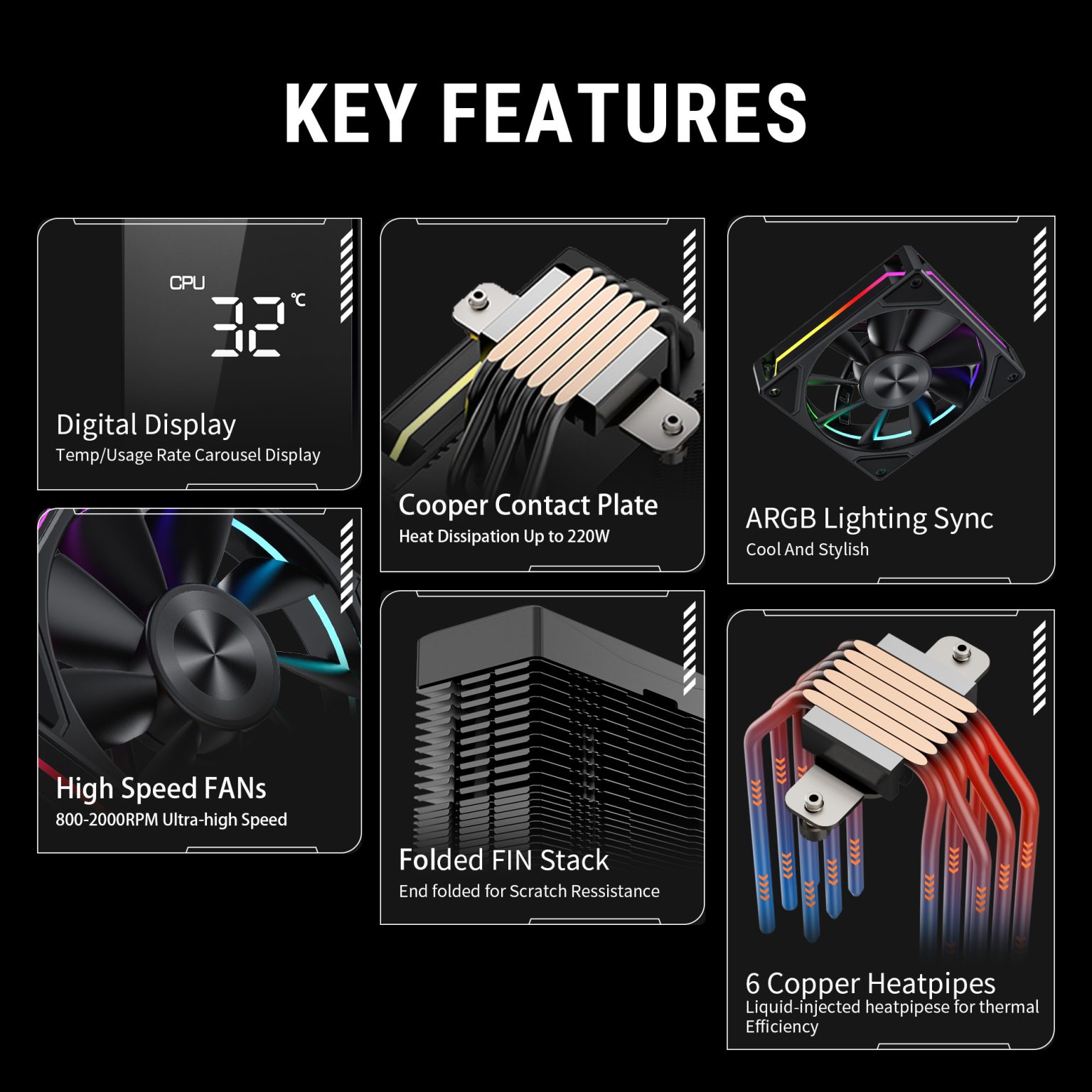 Ant Esports V6 Digital ARGB LGA1851/AM5 Black CPU Air Cooler - ANT E-SPORTS