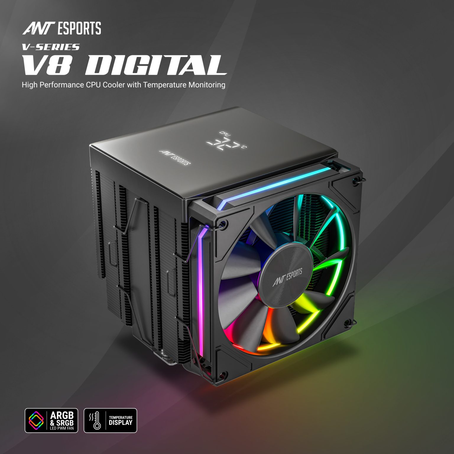 Ant Esports V8 Digital ARGB LGA1851/AM5 Black CPU Air Cooler - ANT E-SPORTS